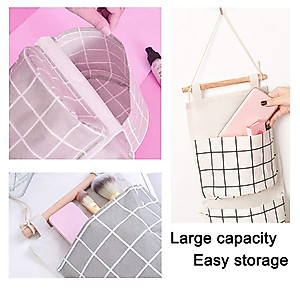 2 Pcs Dndo Wall Door Closet Hanging Storage Bag, Over The Door Closet Organizer with 3 Pockets, Linen Cotton Fabric Hanging Storage Pouches for Bedroom Bathroom- Waterproof & Stylish (Gray/White)