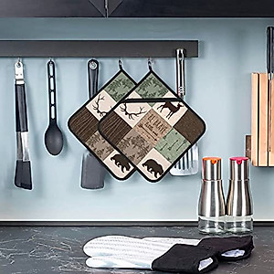 Farmhouse Rustic Bear Deer Elk Moose Green Pot Holders for Kitchen,Heat Resistant Pot Holders Sets Oven Hot Pads Terry Cloth Pot Holders for Cooking Baking 2Pcs