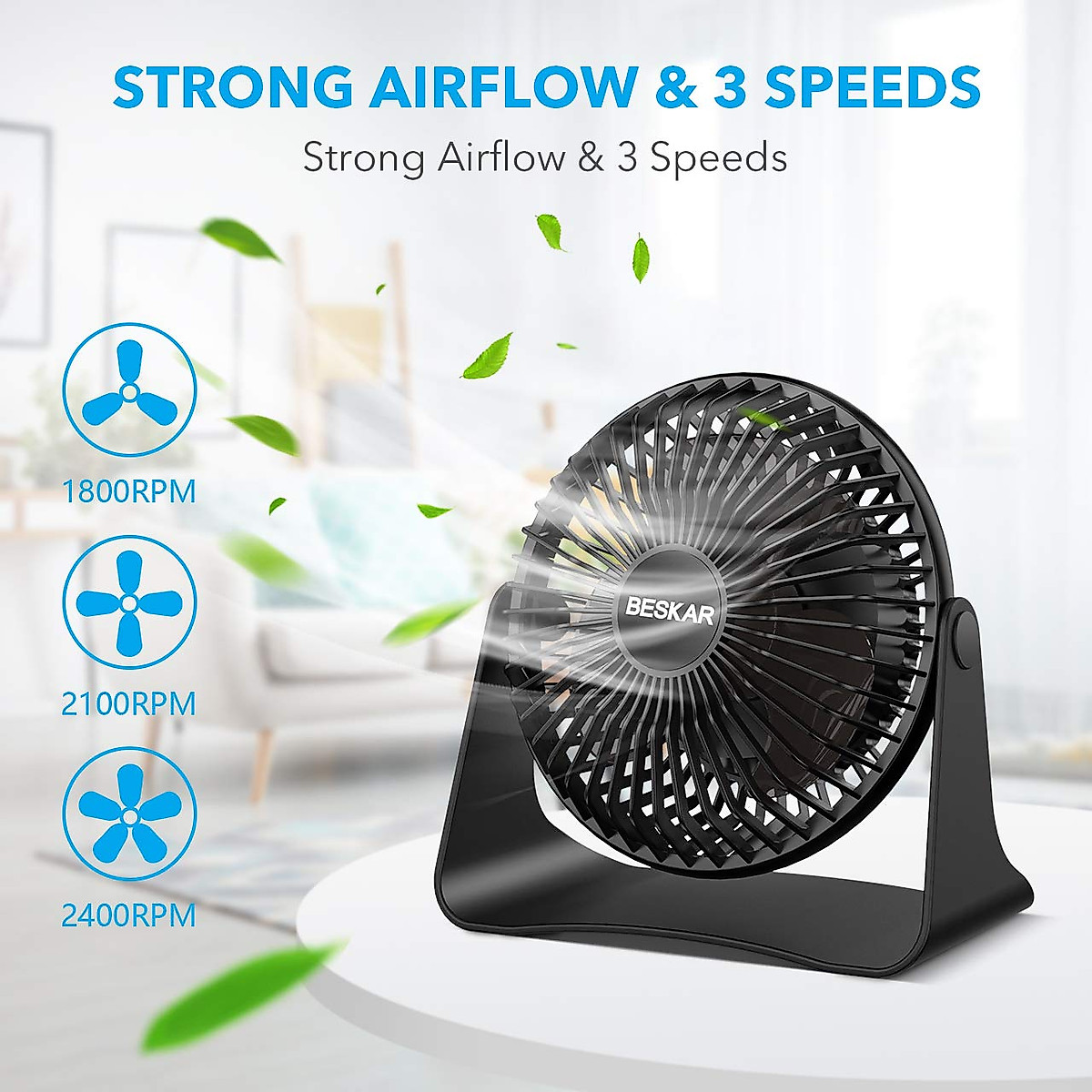BESKAR USB Small Desk Fan, Portable Fans with 3 Speeds Strong Airflow, Quiet Operation and 360°Rotate, Personal Table Fan for Home,Office, Bedroom - 3.9 ft Cord