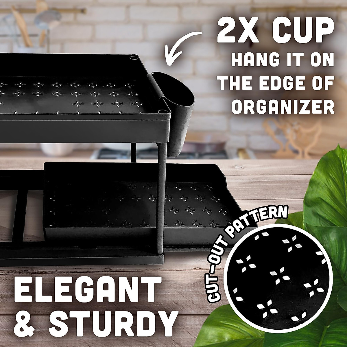 2 Pack Under Sink Organizers and Storage - 2 Tier Pull Out Under Sink Organizer with 2 Hanging Cups & 8 Adjustable Hooks | Multi Purpose Under Sink Storage Shelf Drawers for Bathroom & Kitchen (Black)