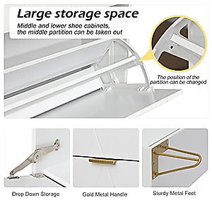 UEV Shoe Cabinet,Freestanding Shoe Rack Storage Organizer with Drawers & Metal Legs,Modern Shoe Storage Cabinet with 3 Flip Drawers for Entryway (White)