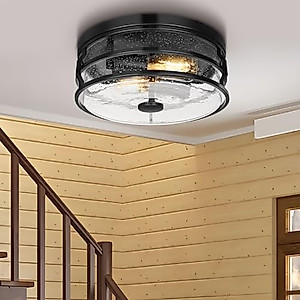 Flush Mount Ceiling Light Fixture, 12 Inch Close to Ceiling Light with Black Metal Cage, Modern Industrial Ceiling Lamp with Seeded Glass for Kitchen Hallway Bedroom Living Room Foyer