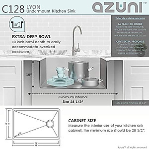 AZUNI 28 inch x 18 inch Single Bowl Undermount 16 Gauge Reversible Deep Stainless Steel Kitchen Sink with Bottom Grid and Luxury Basket Strainer, C128