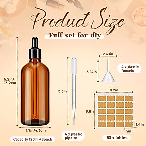 Lallisa 48 Pcs Glass Dropper Bottles with Eye Dropper Dispensers Lab Dropping Bottles with 4 Pcs Long Pipettes 4 Funnel and 80 Label for Travel Cuticle Massage Essential Oils Perfume (Amber,4 oz)