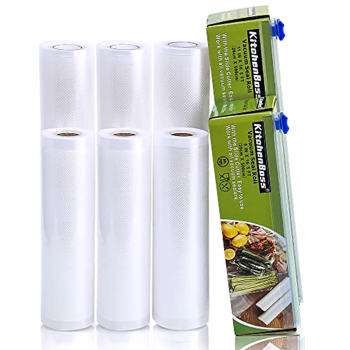 Vacuum Sealer Rolls Bag, 6 Pack 8"x16.5' and 11"x16.5' Food vacuum Save Bag Rolls with Cutter Box,100 feet Sous Vide Roll Bag,By KitchenBoss