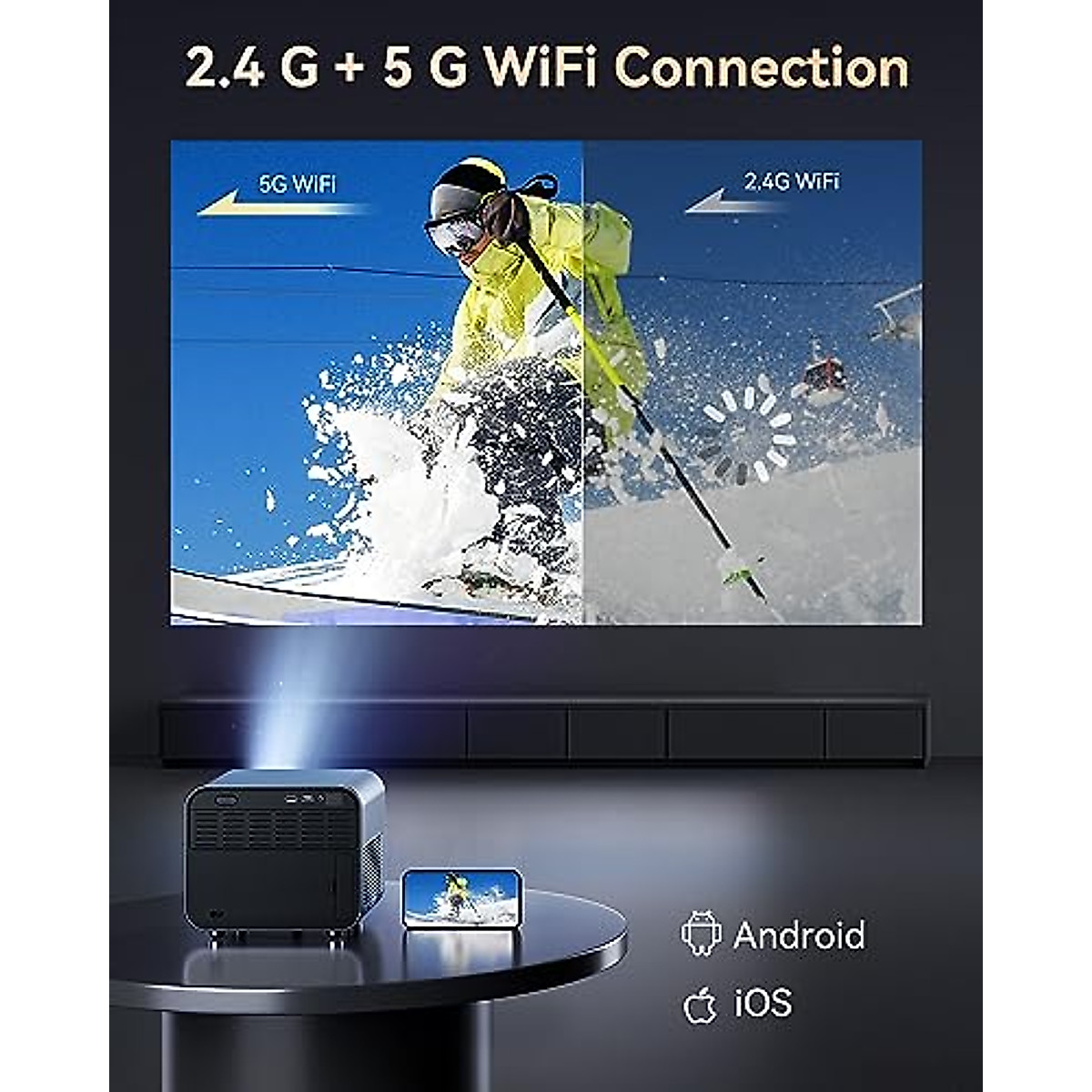 Projector 4K with WiFi and Bluetooth, SUREWHEEL Auto Focus 20000Lumens 800ANSI Outdoor Movie Projector, Native 1080P Portable Projector, 50% Zoom Home Theater Proyector for iOS/Android/TV Srick/PC