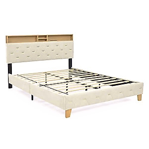 Haplized Queen Size Bed Frame with Storage, Shelf Upholstered Headboard, Platform Bed with Outlet & USB Ports, Wood Legs, No Box Spring Needed, Easy Assembly, Beige