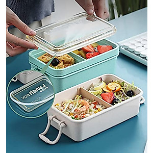 Yesland 3 Packs Bento Box, Wheat Straw 3-In-1 Compartment Japanese Lunch Box with Spoon and Fork, 2 Tier Stackable Lunch Containers for Kids and Adults (Beige, Pink & Green, 950Ml)