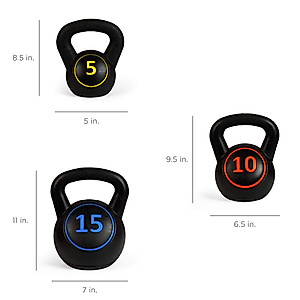 Best Choice Products 3-Piece Kettlebell Set with Storage Rack, HDPE Coated Exercise Fitness Concrete Weights for Home Gym, Strength Training, HIIT Workout 5lb, 10lb, 15lb