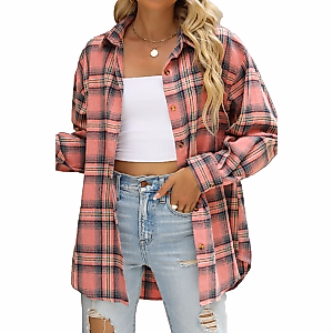 CHYRII Womens Button Down Flannel Shirts Long Sleeve Plaid Shacket Business Casual Blouse Topss Pink -7122 L