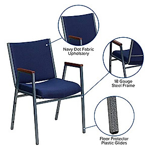 Flash Furniture HERCULES Series Heavy Duty Navy Blue Dot Fabric Stack Chair with Arms and Ganging Bracket