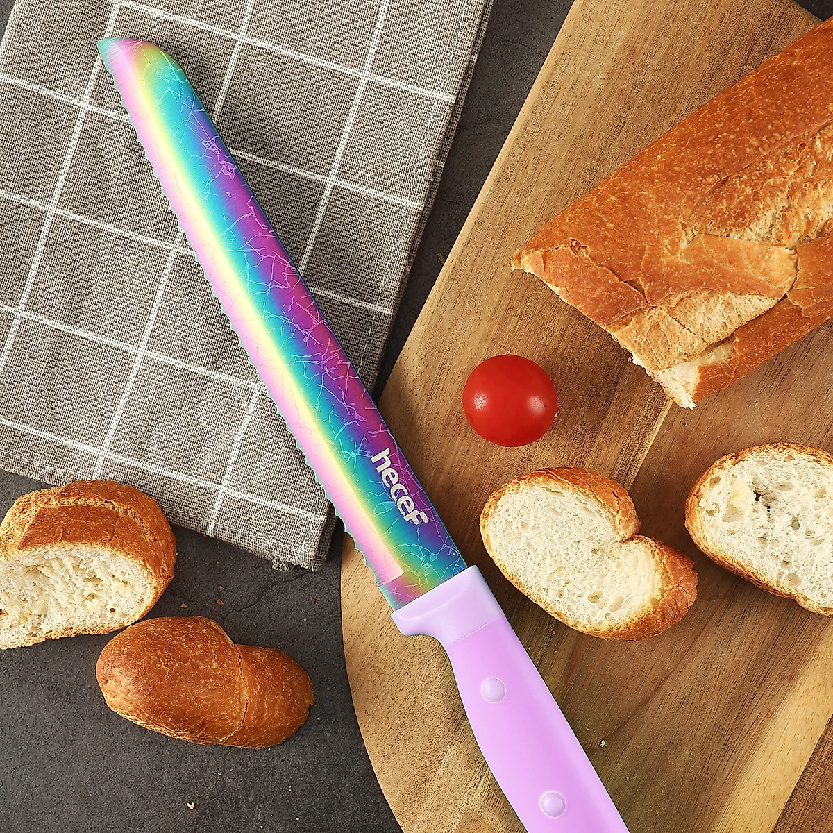 hecef 14 Pieces Knife Set with Block, Rainbow Titanium Knives Set with Laser Pattern, Martensitic Stainless Steel Chef Knife Set with Sharpener, Steak Knife, Scissors, Mothers Day Gift