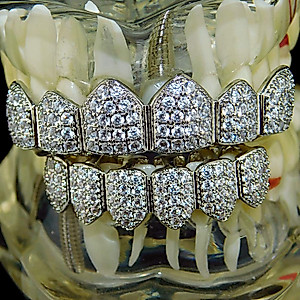 CZ Grillz Set Silver Tone Cubic Zirconia Micro Pave Bling Teeth Top & Bottom Row Iced Hip Hop Grills