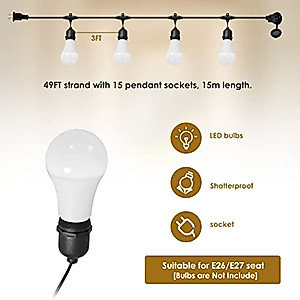 FRIXCHUR 49 FT Black Outdoor String Lights Waterproof Connectable Hanging Lights for Backyard Porch Deck Garden E26 Socket Base Patio Lights (Light Bulb not Included)