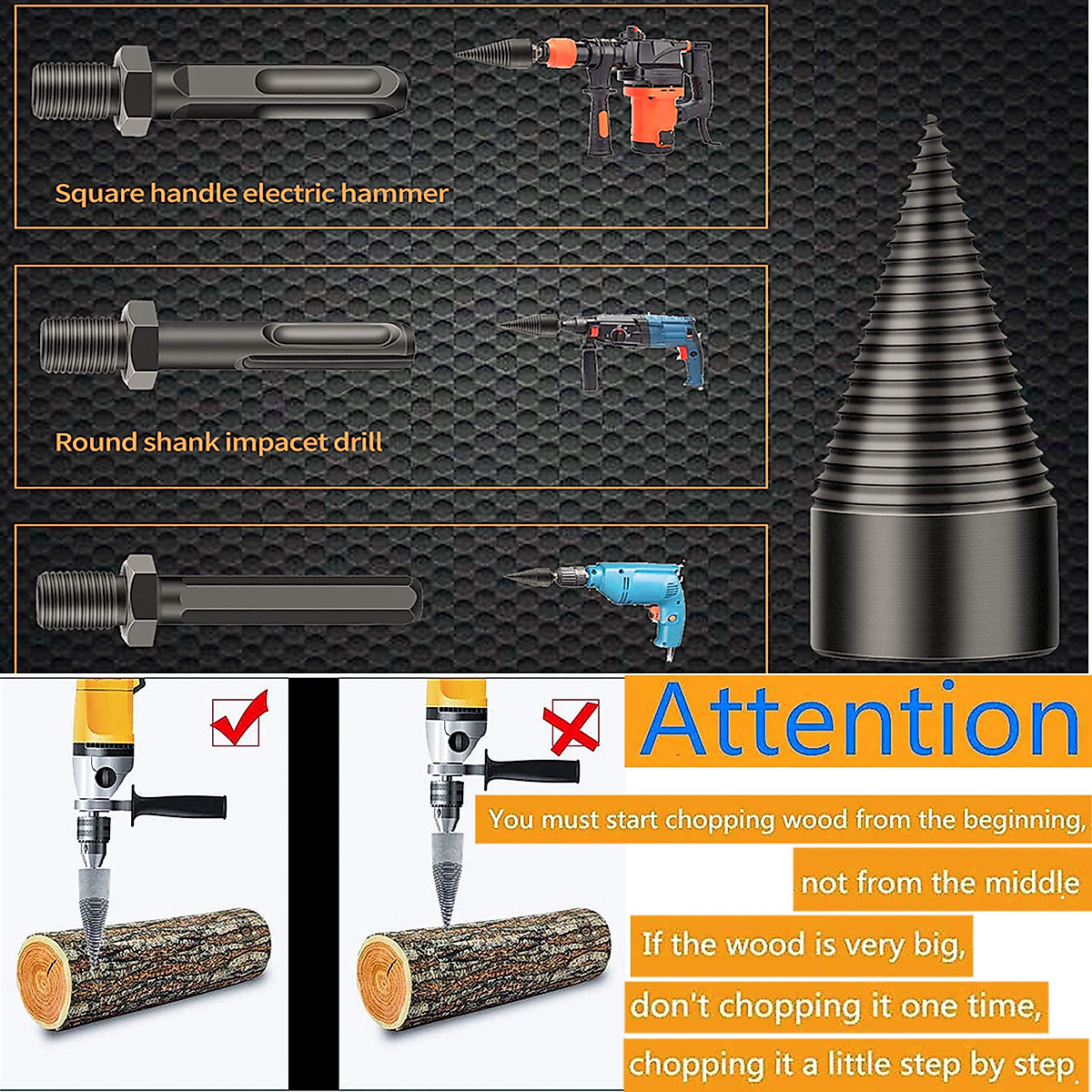 KEWAYO 4pcs Removable Splitting Wood Cone Drill Bit, Wood Splitter Drill Set for Heavy Duty Drill Split Wood Tool and Hand Drill Stick-hex+Square+Round