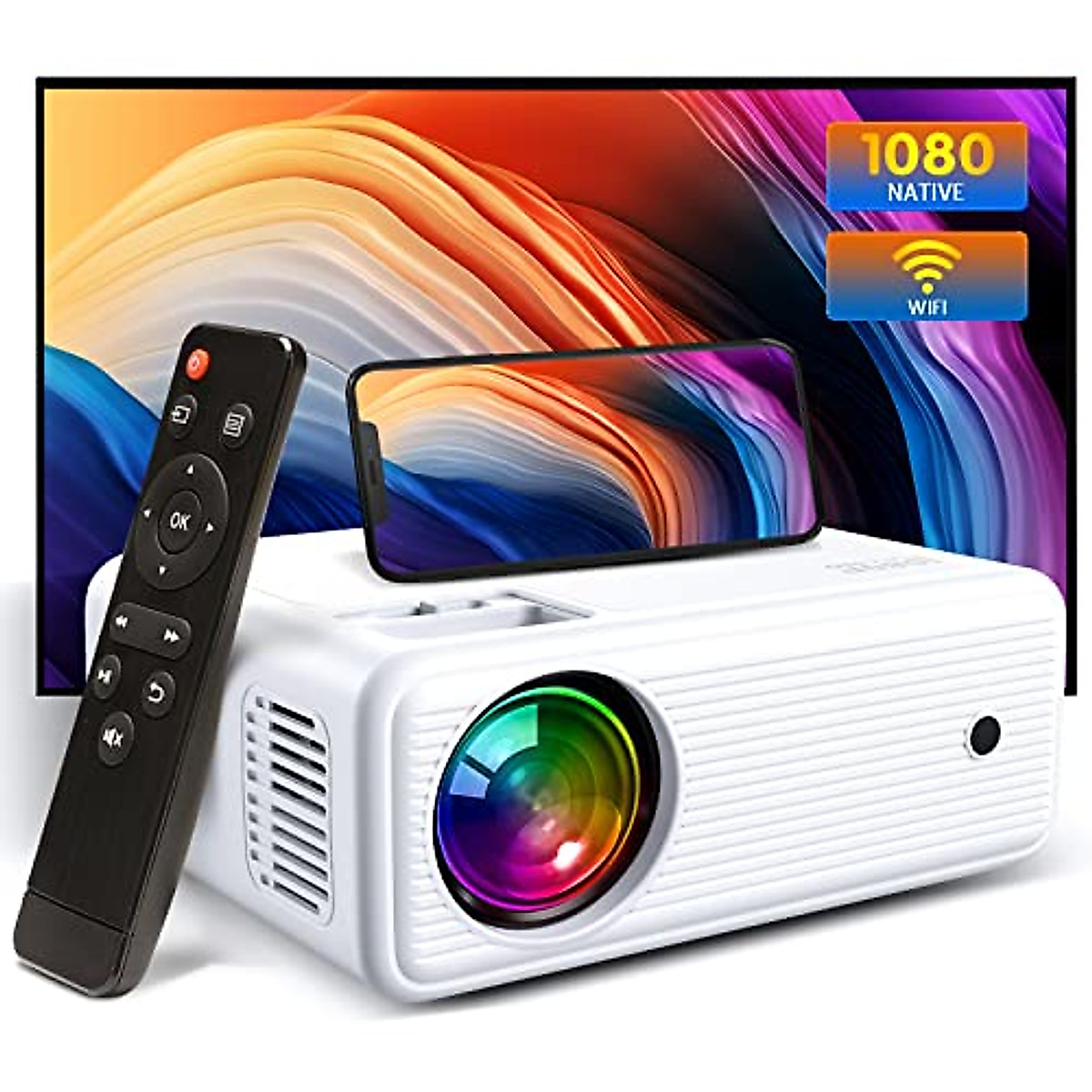 CLOKOWE Mini WiFi Projector for iPhone, HD Movie Projector with Synchronize Smartphone Screen, Native 1080P Portable Projector Include 100" Screen, Compatible with iOS/Android/TV Stick, and HDMI/USB