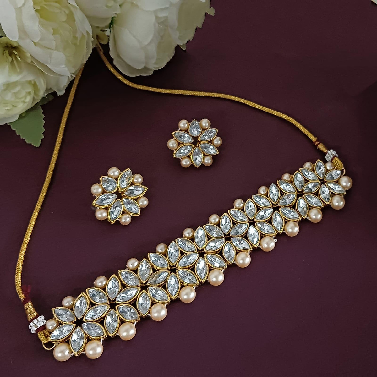 Efulgenz Crystal Pearl Choker Necklace Indian Jewelry Sets for Women Indian Jewelry Faux Pearl Floral Crystal Choker Necklace Stud Earrings Bollywood Wedding Choker Necklace for Women