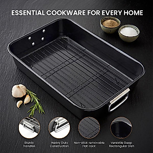 Generic Krafters Non-Stick Roasting Pan 11 inch x 15.5 inch with Rack and Steel Handles for Delicious Family Meals, Durable Metal Bakeware Dish, Spacious Oven Roaster Tray for Cooking, Gray, RP0011