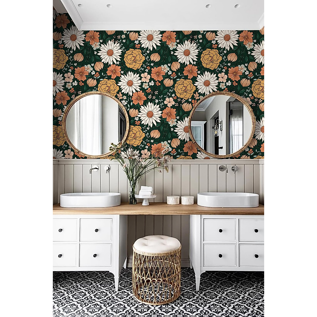 HAOKHOME Floral Peel and Stick Wallpaper Boho Wall Paper Vintage Removable for Bedroom Contact Paper Green/Terracotta 17.7in x 9.8ft