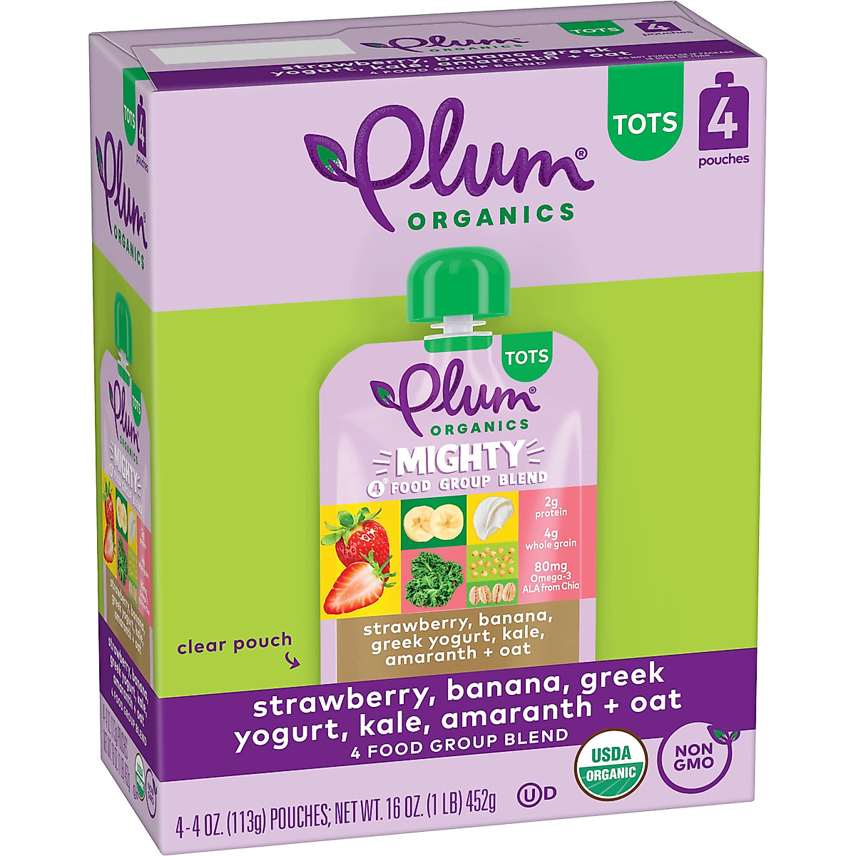 Plum Organics Mighty 4 Organic Toddler Food - Strawberry, Banana, Greek Yogurt, Kale, Amaranth, and Oat - 4 oz Pouch (Pack of 4) - Organic Fruit and Vegetable Toddler Food Pouch