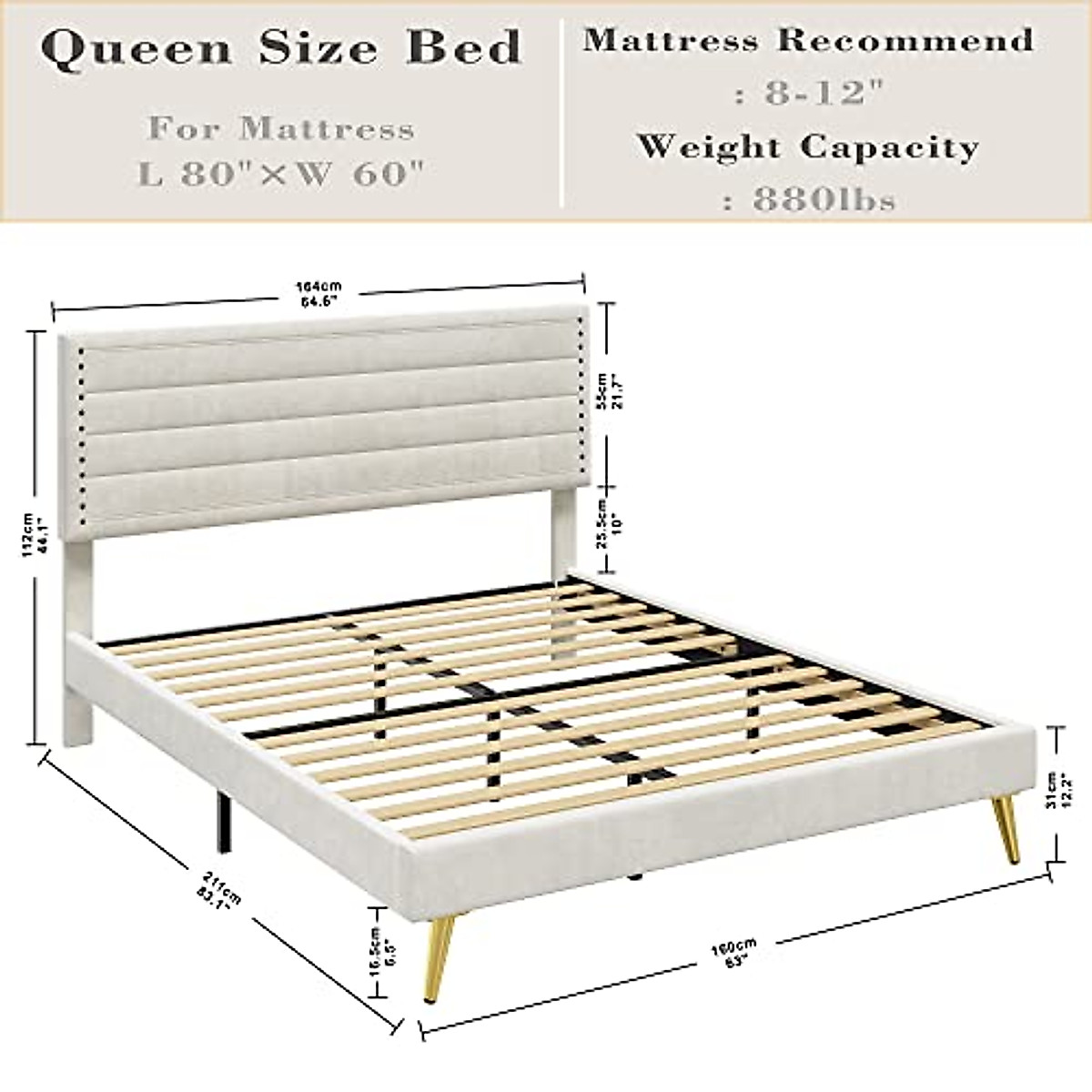 LIKIMIO Queen Bed, Platform Bed Frame with Upholstered Headboard and Wooden Slats Support, No Box Spring Needed, Easy Assembly, Beige