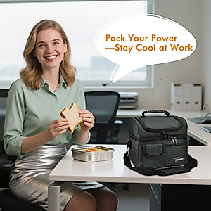 Tirrinia Insulated Lunch Bag, Leakproof Thermal Bento Cooler Tote for Women and Men, Dual Compartment with Shoulder Strap, 10.3" x 7.5" x 8.6", Black