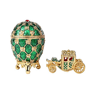 QIFU Vintage Green Faberge Egg Style Jewelry Trinket Box with Mini Royal Carriage, Unique Gift for Easter Collection