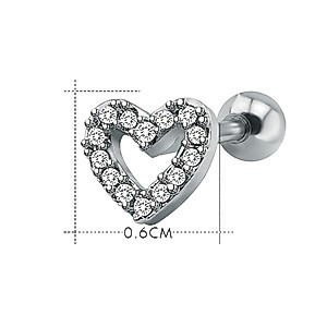 16g Sparkling Cubic Zirconia Stainless Steel Stud Earrings Tragus Helix Conch Cartilage Ear Piercing (Heart)