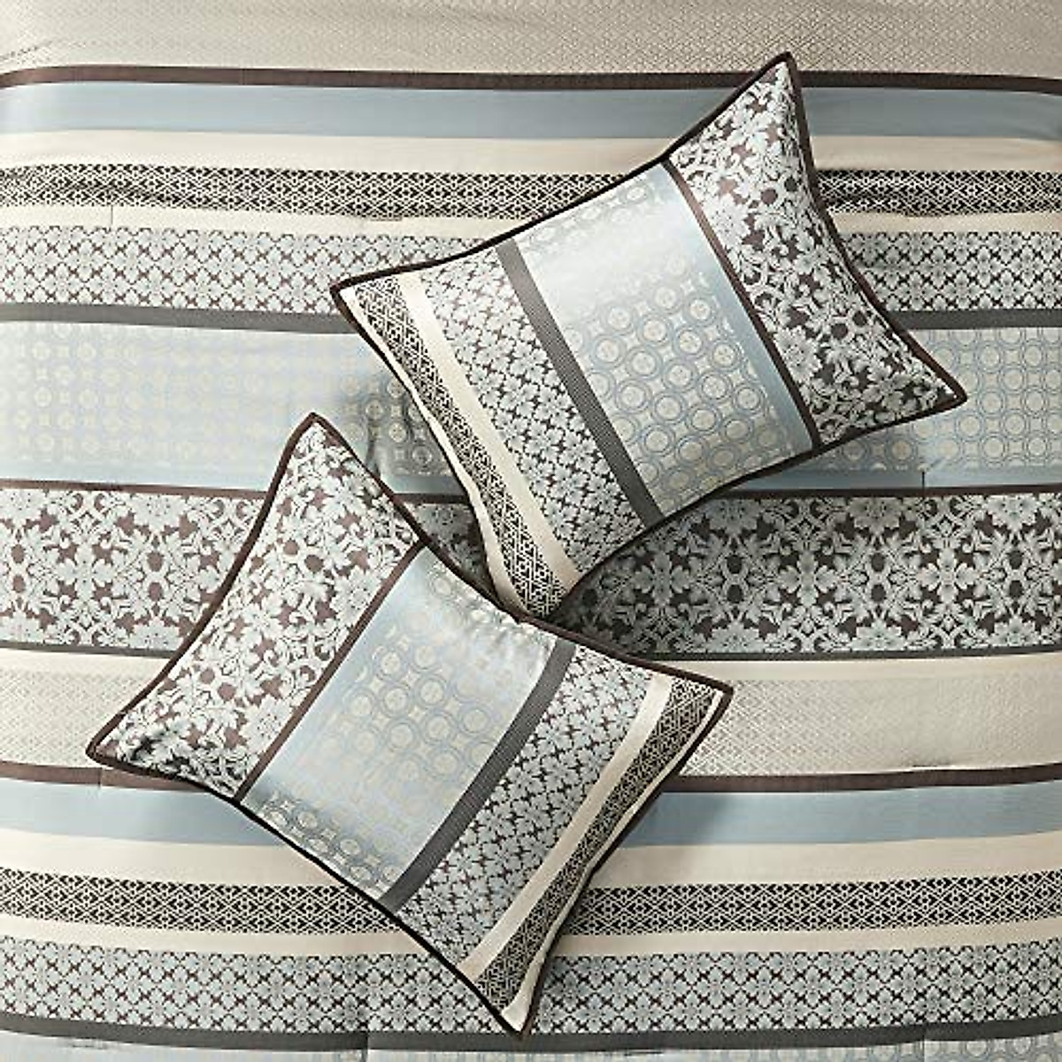 Madison Park Cozy Comforter Set - Luxurious Jaquard Traditional Damask Design, All Season Down Alternative Bedding with Matching Shams, Decorative Pillow Princeton Blue Queen(90"x90") 7 Piece