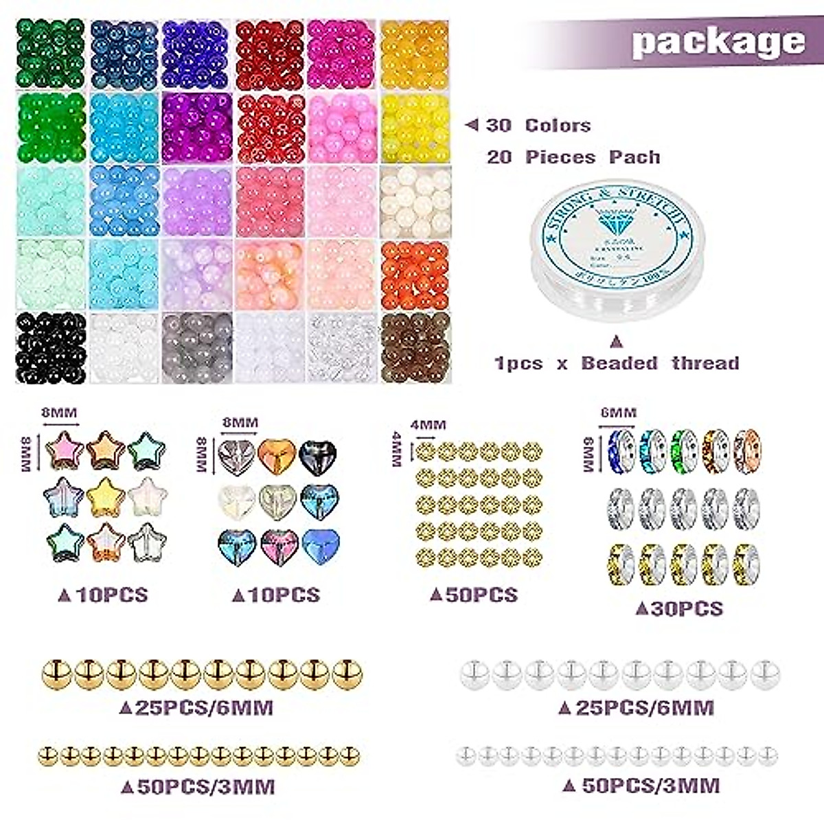 855pc Glass Beads Bracelet Making Kit, 28 Colors 8mm Glass Beads for Jewelry Making Crystal Beads for Bracelet Earring, Necklaces and DIY Crafts Glass Round Beads Bulk with Spacer Beads Set