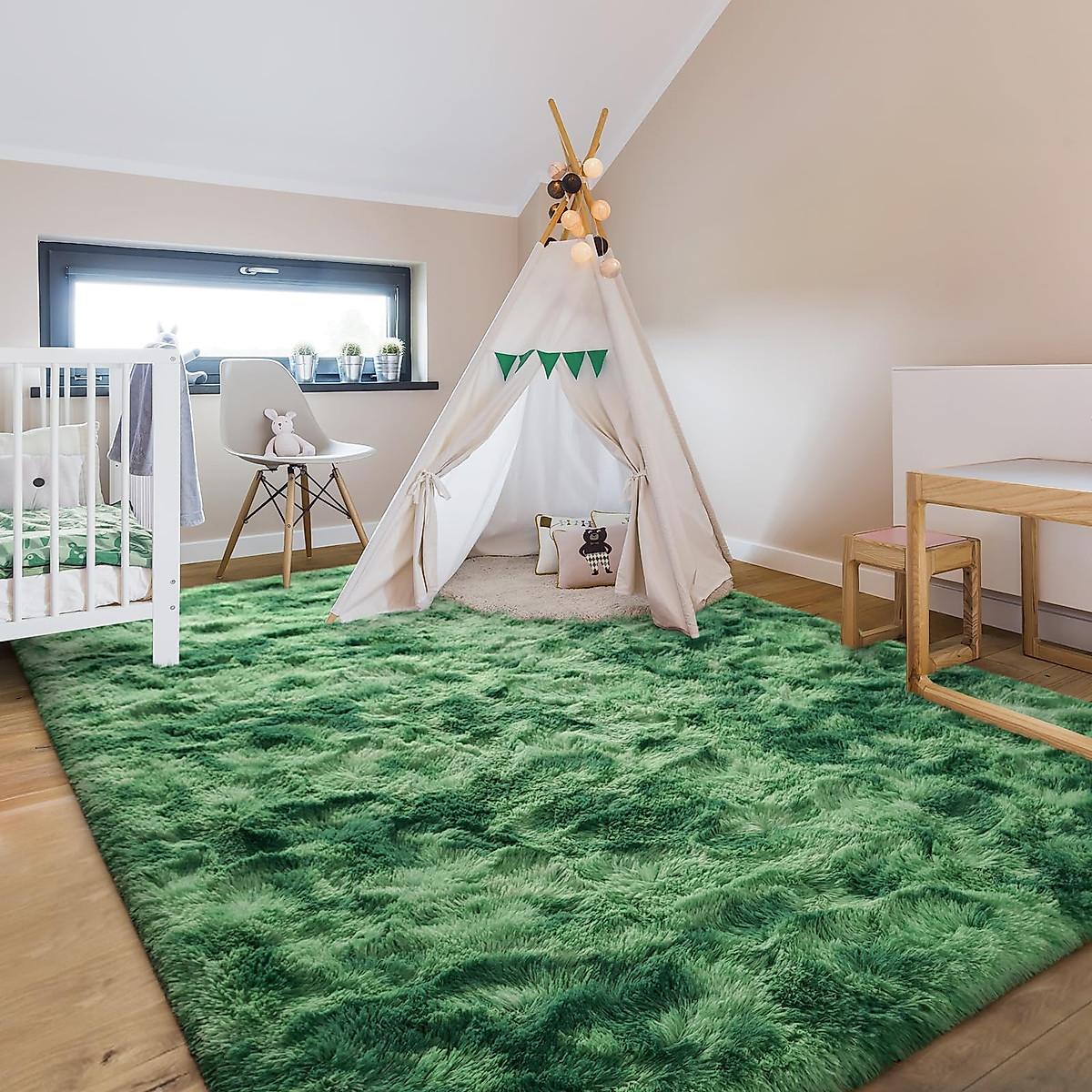 Hutha 4x6 Large Area Rugs for Living Room, Super Soft Fluffy Modern Bedroom Rug, Tie-Dyed Green Indoor Shag Fuzzy Carpets for Girls Kids Nursery Room Home Decor