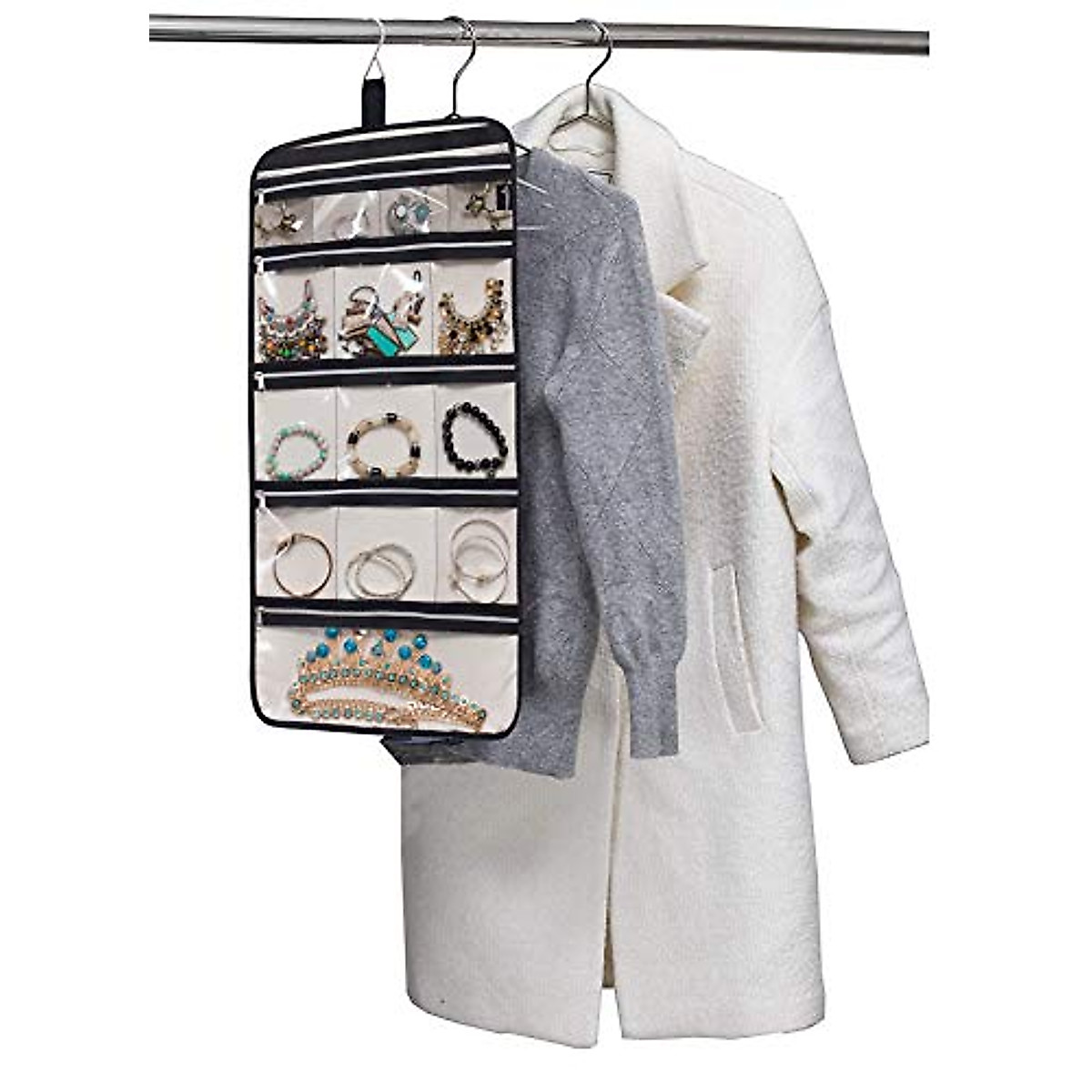 MISSLO Hanging Jewelry Organizer Travel Foldable Jewelry Roll Storage Case with 14 Cotton Zippered Pockets for Traveling, Closet, Suitcase