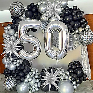 Black and Silver Balloon Garland Arch Kit with Disco Ball Foil Balloons, Silver Confetti Latex Balloons for Graduation Anniversary Birthday Party Decorations