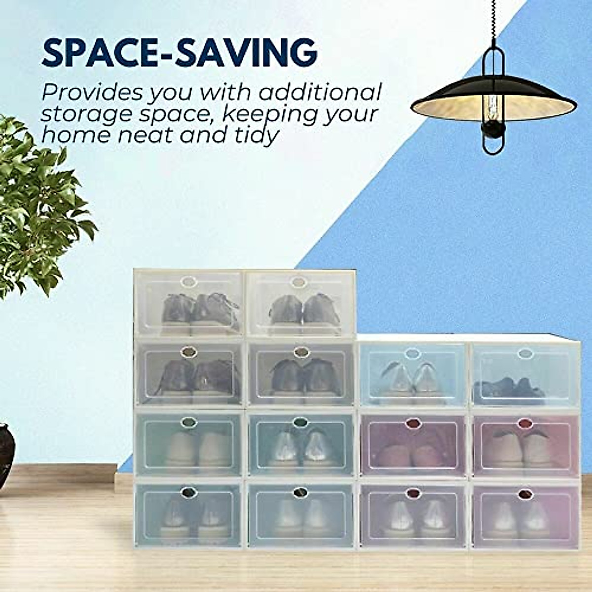 GOMINIMO 12 Pack Clear Durable Plastic Shoe Boxes Stackable Storage Bins Rack Organizer Containers with Lids