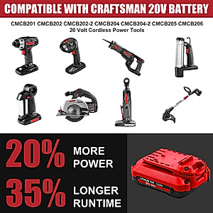 2-Pack 3.0Ah Lithium Replacement Battery for Craftsman 20V Battery CMCB202 CMCB202-2 CMCB201 CMCB204 CMCB204-2 Compatible with Craftsman Battery 20V Cordless Power Tools CMCS300B CMCG400B Black