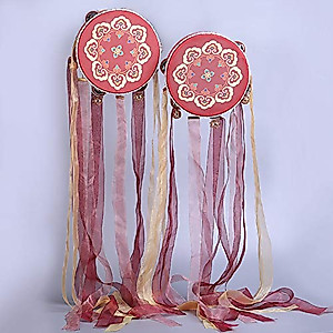Hanfu Hand Drum with Red Ribbon Retro Tambourine Ancient Accessories Hand-Held Ribbon Drum