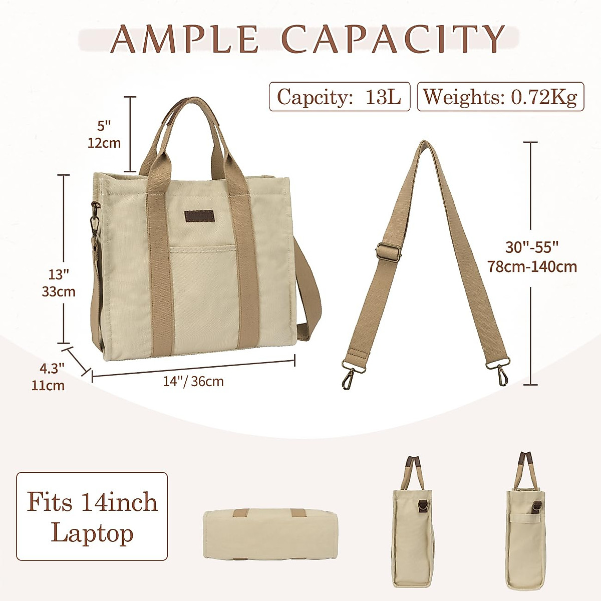 VASCHY Canvas tote bag, Casual Reusable Work Totes for Women Teachers with Zippers Pockets Crossbody Shoulder Bag Purse Apricot