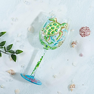 NymphFable 100% Hand-Painted Wine Glass Ocean Turtles Seagrasses Glass Artisan Painted Glass 15oz Gift for Friend Family (1 Piece)