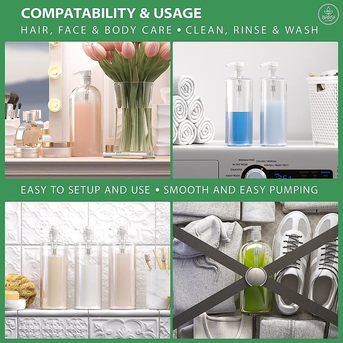 Bar5F Universal Shampoo/Conditioner Dispenser Pump for 1 Liter (33.8 Oz) Bottles - Natural Clear, Pack of 2