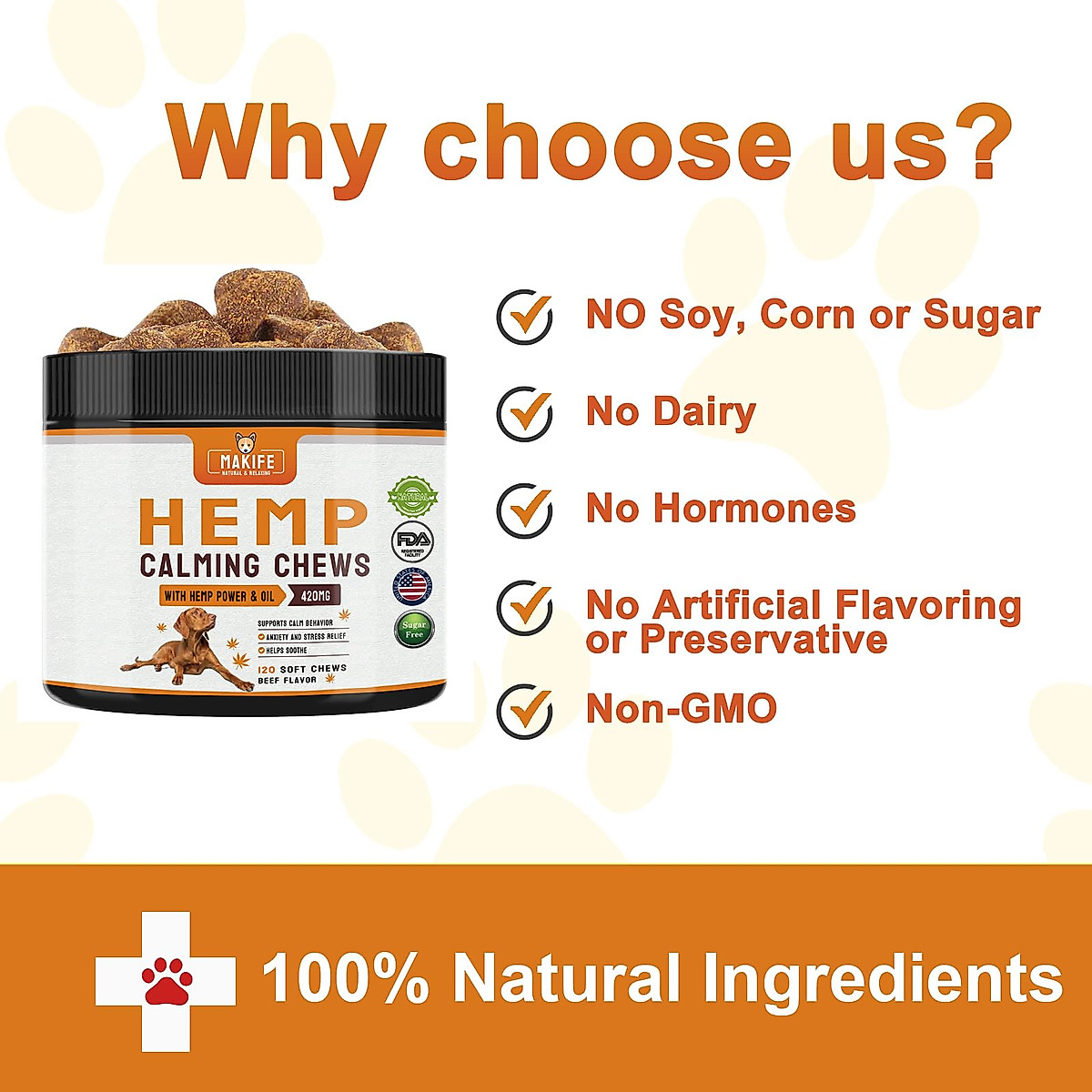 Dogs Hemp Calming Chews, Anxiety Relief Calming Treats 100% Natural Ingredients Calming Treats for Dog, Aid with Barking, Thunderstorms, Separation Beef Flavor