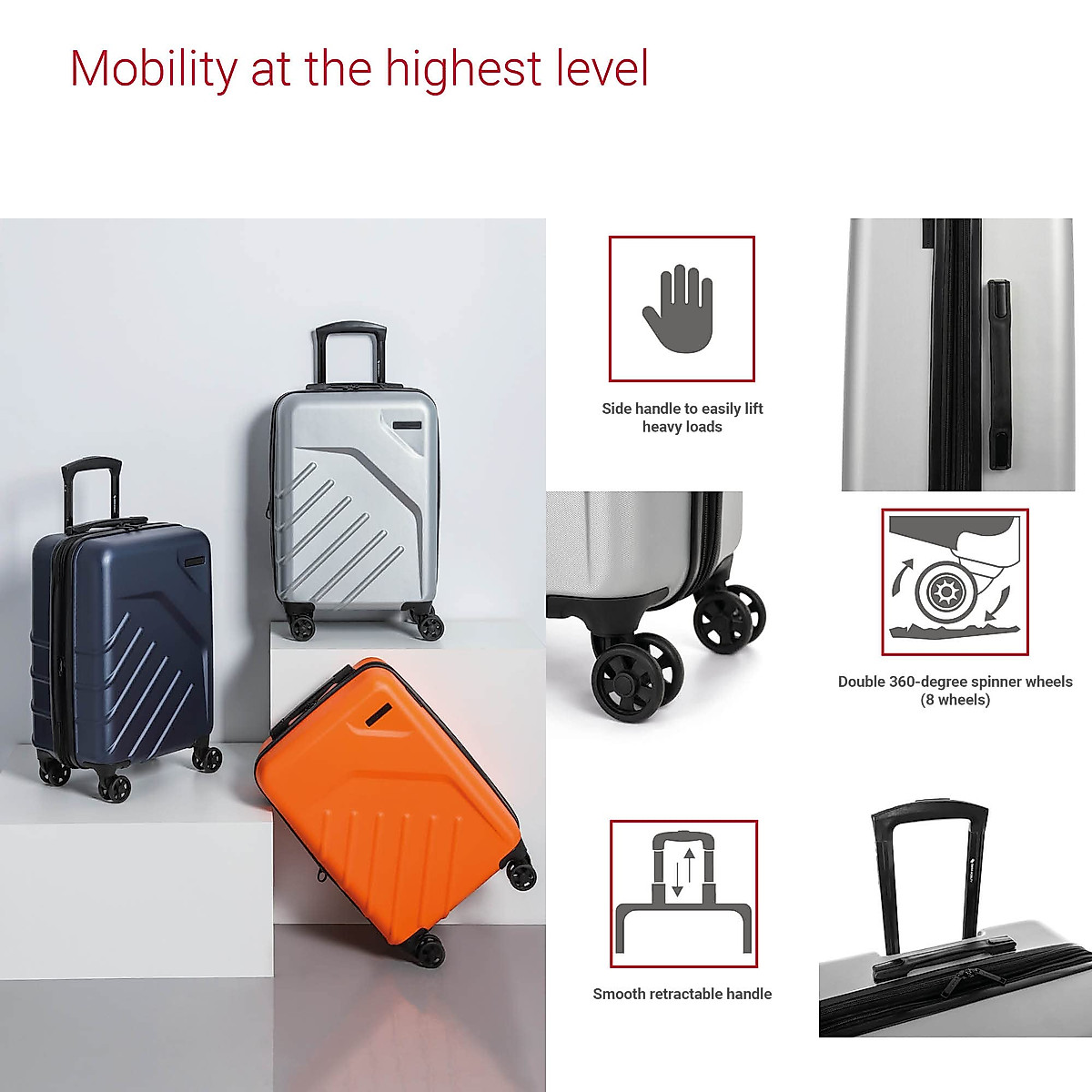 Swiss Mobility LGA Collection 3 Piece Hard Shell Luggage Set, Expandable Suitcases with 360-Degree Spinner Wheels, Retractable Handle, 20 Inch Carry On, 24 Inch Mid-size, 28 Inch Large Bags, Silver