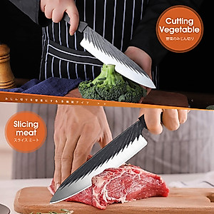 ROCOCO Santoku Chef Bread Knife 7" Feather Viking Knife Set Japanese Forged in Fire Boning Knife High Carbon Steel Kitchen Cleaver for Outdoor Camping BBQ Collection Christmas Gift Men