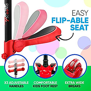 Hurtle Kids Scooter - Child Toddler Kick Scooter Toy with Foldable Seat - 3 Wheel Scooter with Adjustable Height, Anti-Slip Deck, Flashing Wheel Lights, for Boys/Girls 1-12 Year Old, Red