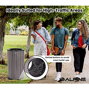 Alpine 32 Gallon Commercial Outdoor Trash Can - Heavy Duty Garbage Can Outdoor, Industrial Open Top Trash Can with Plastic Panels for Patio, Parks, Trails, Resorts (Flat Lid - Grey)