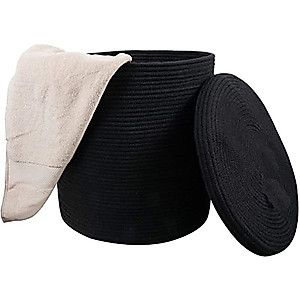 Cotton Rope Storage Basket with Lid | Large Woven Baskets and Handles 15" x 13" | for Nursery, Laundry, Black Round Hamper, Home Living Room Floor, Toy Organizing bins, Blanket, Pillow and Big