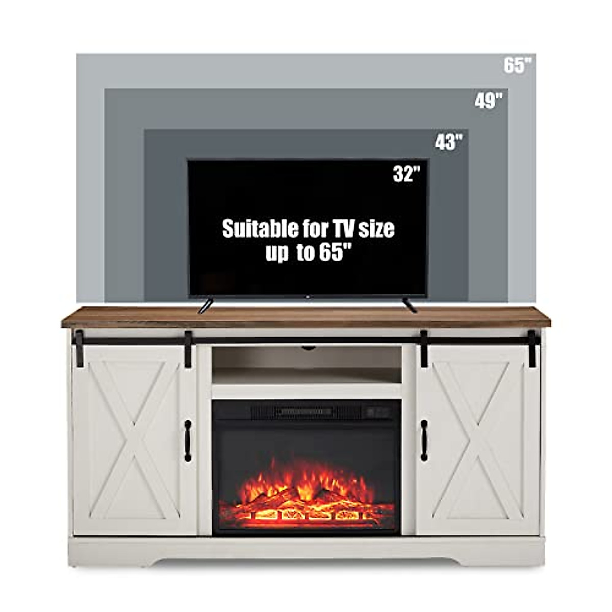 Amerlife Fireplace TV Stand Sliding Barn Door Wood Entertainment Center with a 23'' Electric Fireplace Insert, Modern Farmhouse Storage Cabinet Console for TVs Up to 65", Distressed White & Barnwood
