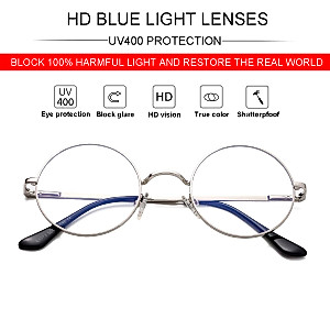 JOVAKIT Retro Round Blue Light Blocking Glasses for Women Men Circle Clear Lens Glasses Non-prescription Metal Frame Eyewear (Silver)