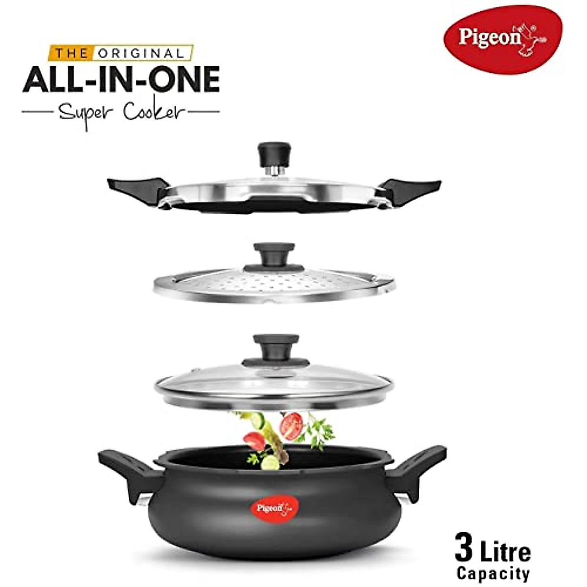 Pigeon 3.2 Quart All-In-One Super Cooker - Steamer, Cooking Pot, Pressure Cooker, Dutch Oven - For All Cooktops - Quick Cooking of Meat, Soup, Rice, Beans, Idli & more, Hard Anodized, (3 Liters)
