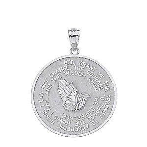 14k White Gold Serenity Prayer with Praying Hands and Lord's Prayer Medal Pendant (S)