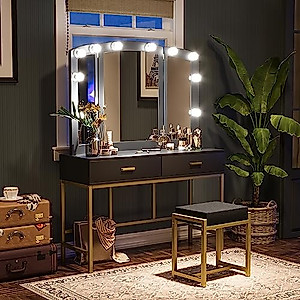 Semiocthome Black Vanity Desk with Mirror and 10 LED Lights, Makeup Vanity with 2 Drawers and Chair, Girls Vanity Set with 3pcs Mirror and Stool, Dressing Table with Gold Metal Frame for Bedroom